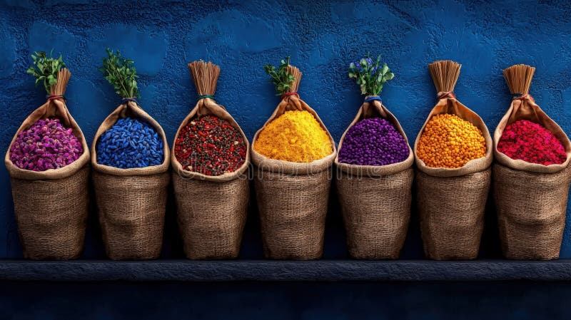 Colorful Spices in Burlap Sacks Against a Blue Wall Vibrant and ...