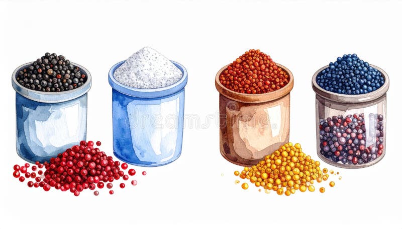 Colorful Spices in Ceramic Containers Watercolor Painting Stock ...