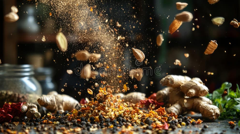 Colorful Spices and Herbs Explosion on Dark Background Stock ...