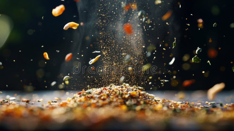 Colorful Spices and Herbs Falling on Dark Background Stock Illustration ...