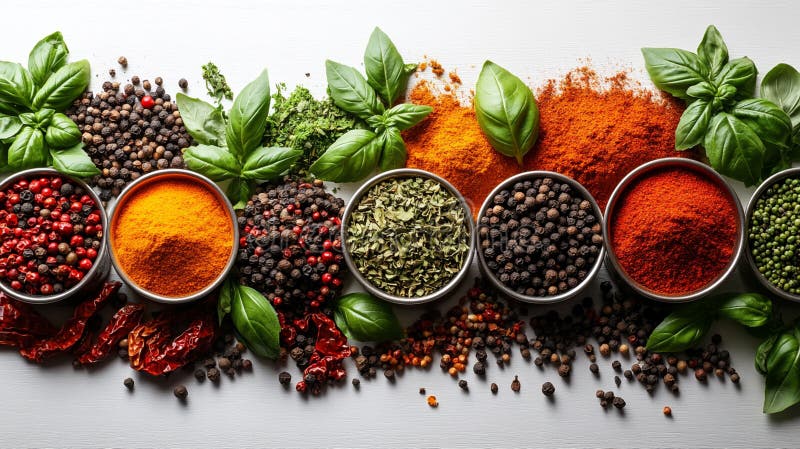 Colorful Spices and Herbs in a Rustic Kitchen Setting Stock ...