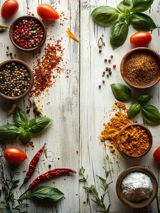 Colorful Spices and Herbs in a Rustic Kitchen Setting Stock ...