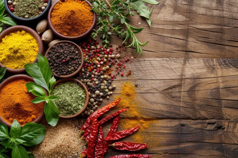 Colorful Spices and Herbs on a Wooden Background Stock Illustration ...