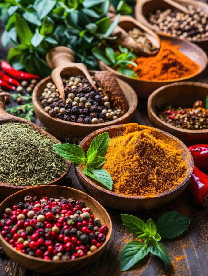 Colorful Spices and Herbs on a Wooden Background Stock Illustration ...