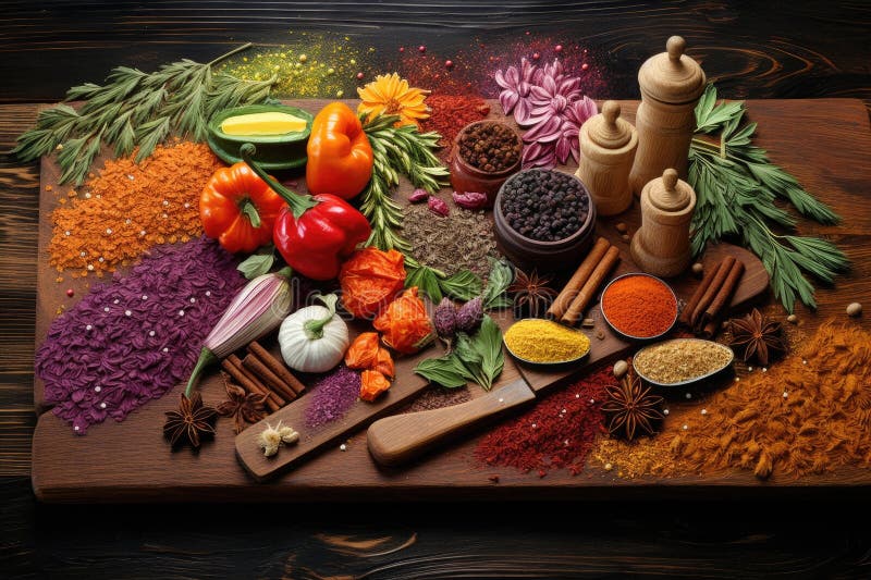 Colorful Spices and Herbs on a Wooden Board Stock Photo - Image of ...