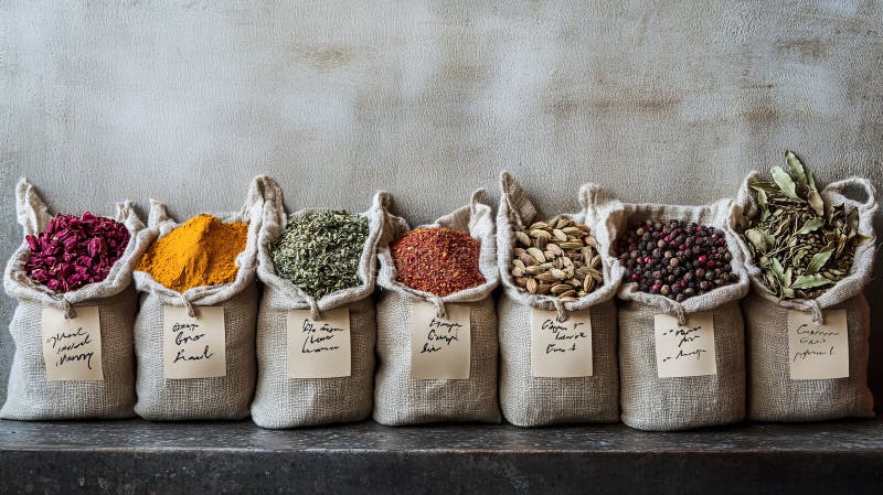 Colorful Spices in Linen Sacks with Handwritten Labels. Stock Photo ...