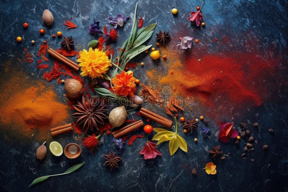 Colorful Spices Scattered on a Dark Textured Surface Stock Photo ...