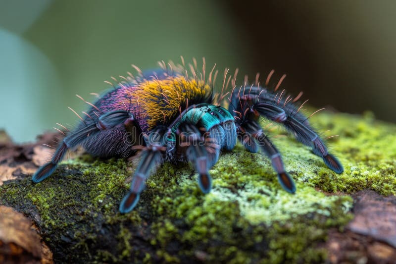 A Colorful Spider Sits Atop a Moss-covered Log, Surrounded by Greenery ...