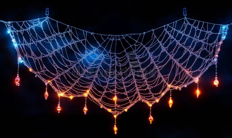 A Colorful Spider Web with Lights Hanging from it Stock Image - Image ...