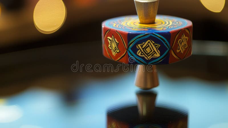 Colorful Spinning Top with Geometric Patterns on a Reflective Surface ...