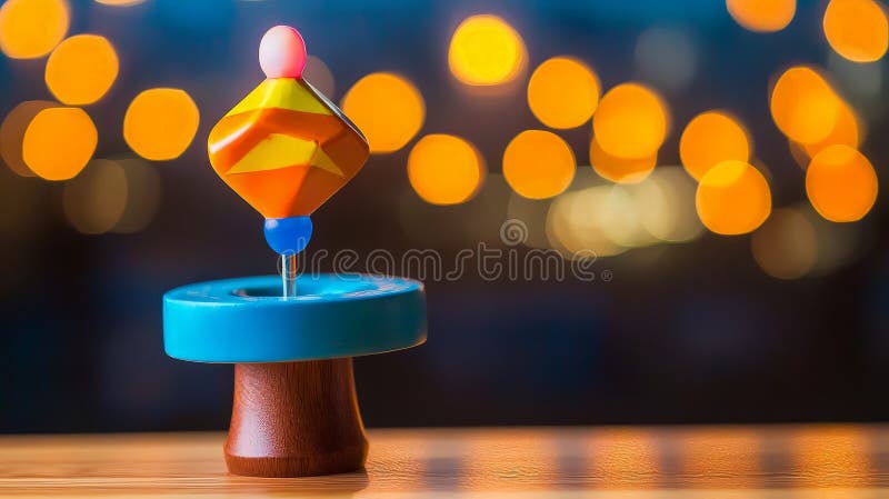 Colorful Spinning Top on Wooden Base, Bokeh Background Stock Photo ...