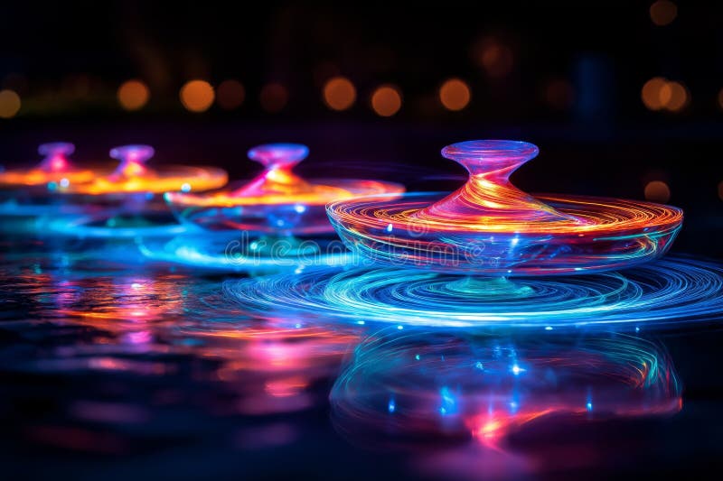 Colorful Spinning Tops Create Mesmerizing Patterns on the Water Surface ...