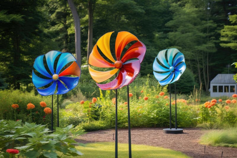 Colorful Spinning Wind Sculptures in a Garden Stock Illustration ...