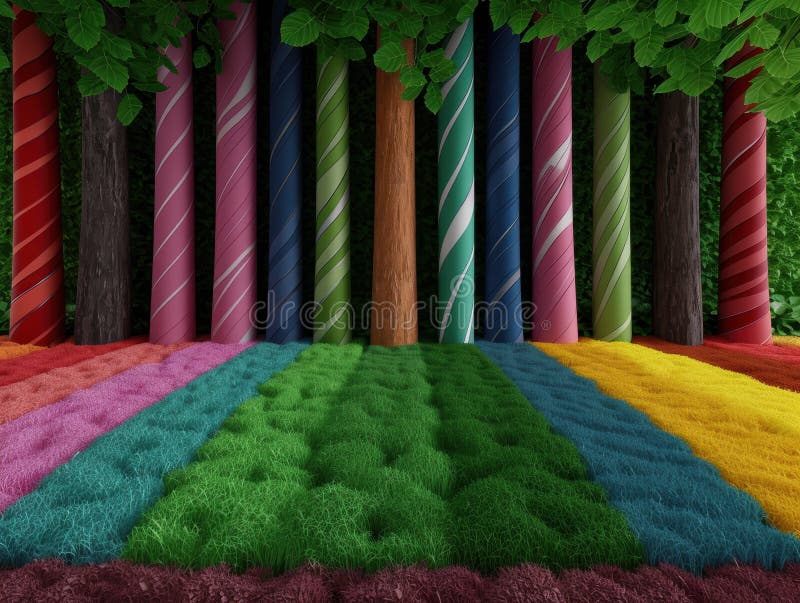 Colorful Spiral Columns in a Lush Forest Stock Illustration ...