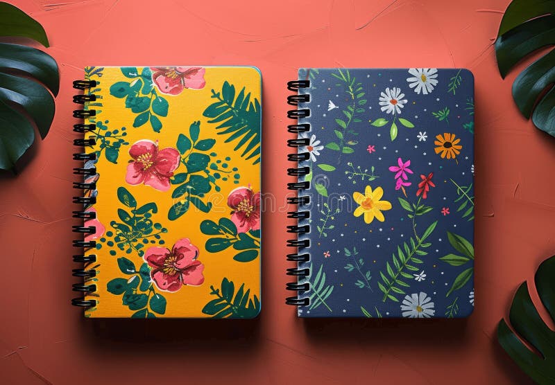 Colorful Spiral Notebook Mockup Featuring Floral and Dark Blue Designs ...