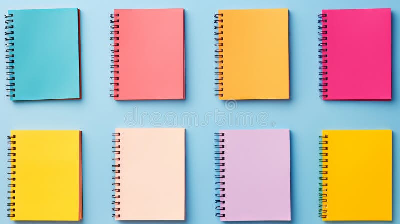Colorful Spiral Notebooks Arranged in a Grid on a Blue Background ...