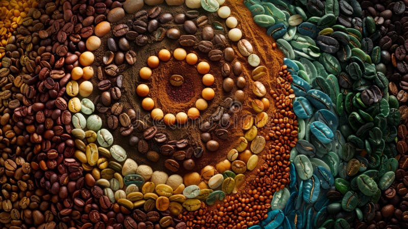 Colorful Spiraling Coffee Beans Display in Abstract Circular Design ...