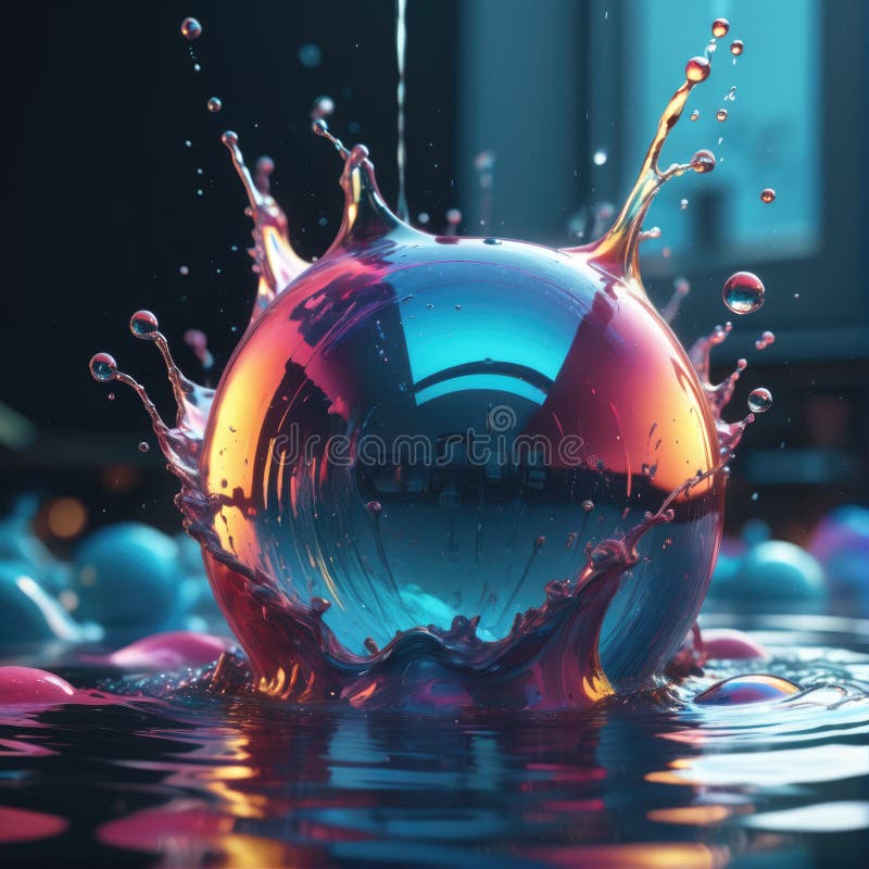 A Colorful Splash Around a Reflective Sphere in a Tranquil Water ...