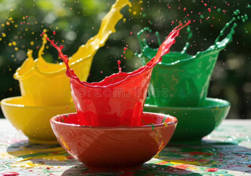 Colorful Splashes of Paint in Bowls Creating Dynamic Art Movement Stock ...