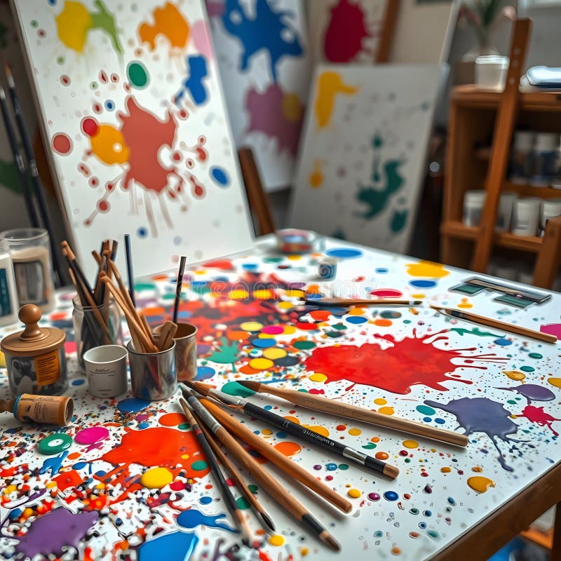 Colorful Splatter Art Studio with Vibrant Paint and Brushes on the ...