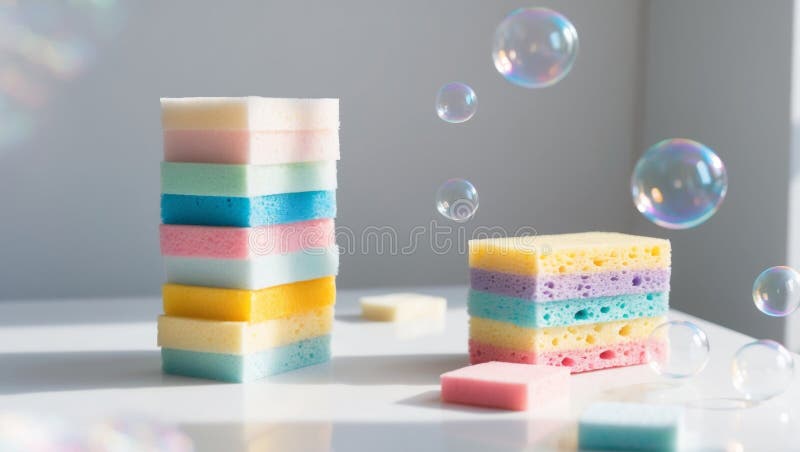 Colorful Sponges Stacked Together with Soap Bubbles on a Clean Surface ...