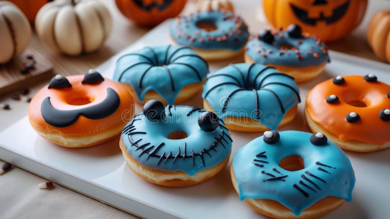 Assorted Halloween Themed Donuts with Spooky Decorations on a Table ...