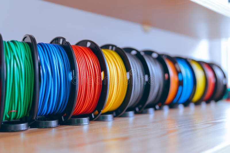 Colorful Spools of Filament on a Shelf for 3D Printing Concept Stock ...