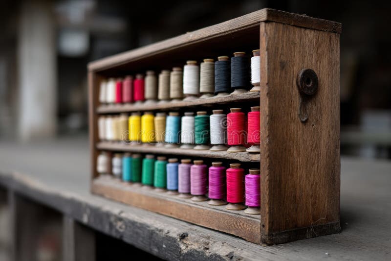 Colorful Spools Organized in a Wooden Thread Cabinet on a Rustic Table ...