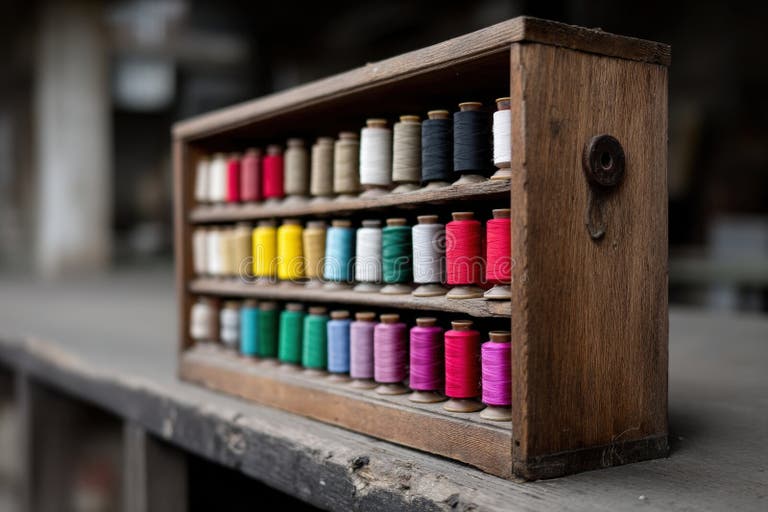 Colorful Spools Organized in a Wooden Thread Cabinet on a Rustic Table ...