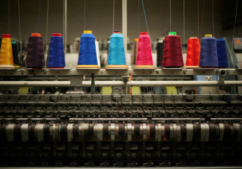 Colorful Spools of Thread Arranged Above a Sewing Machine in a Textile ...