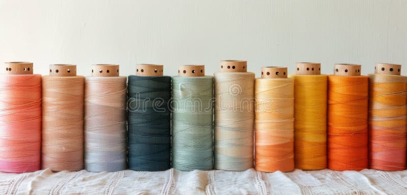 Colorful Spools of Thread Arranged on a White Fabric Stock Image ...