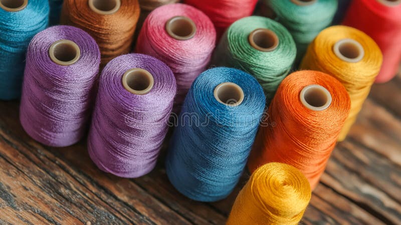 Colorful Spools Thread Arranged Wooden Surface Sewing Crafting ...
