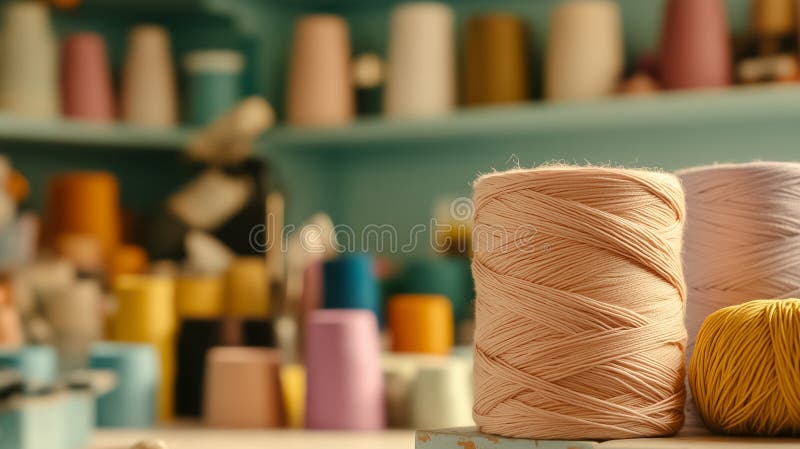 Colorful Spools of Thread are Neatly Arranged in a Textile Workshop ...