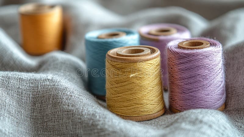 Colorful Spools of Thread on a Soft, Textured Fabric during a Sewing ...