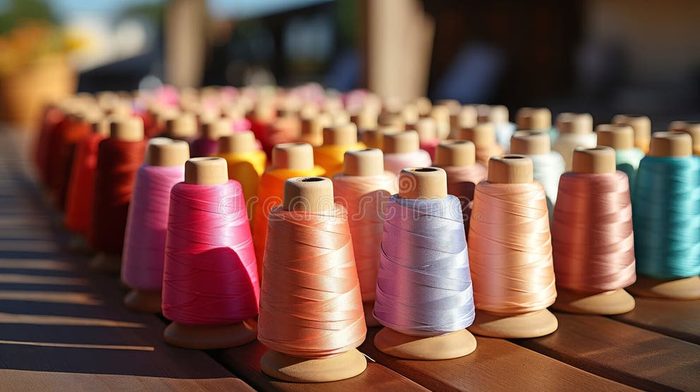 Colorful Spools of Thread on a Table. Generative AI. Stock Illustration ...