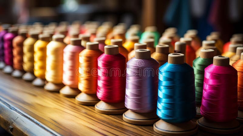 Colorful Spools of Thread on a Table. Generative AI. Stock Illustration ...