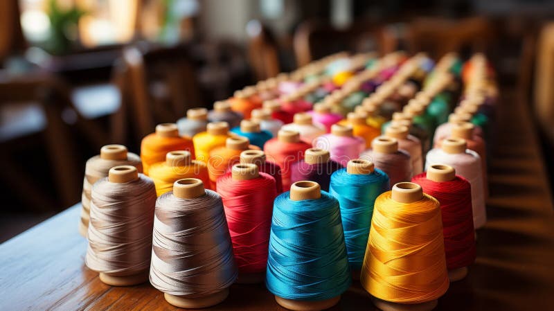 Colorful Spools of Thread on a Table. Generative AI. Stock Illustration ...