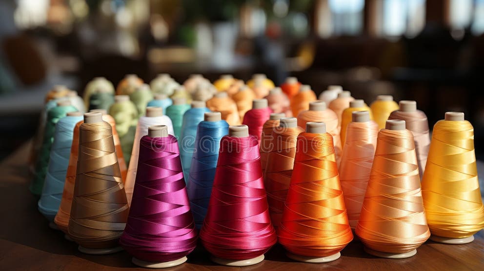 Colorful Spools of Thread on a Table. Generative AI. Stock Illustration ...