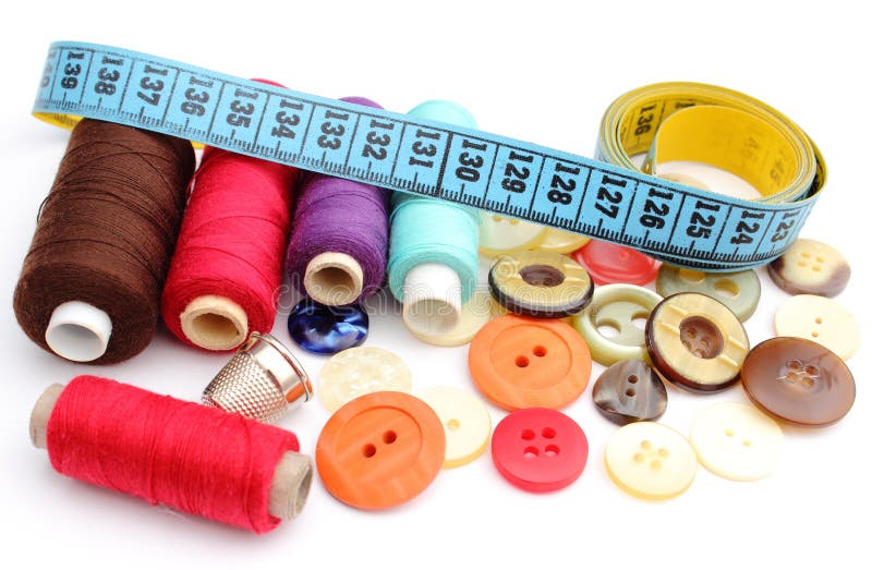 Colorful Spools of Thread, Tape Measure, Thimble and Buttons Stock ...