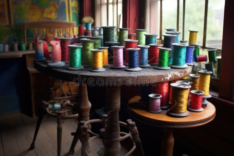Colorful Spools of Thread on Wooden Shoemakers Desk Stock Illustration ...