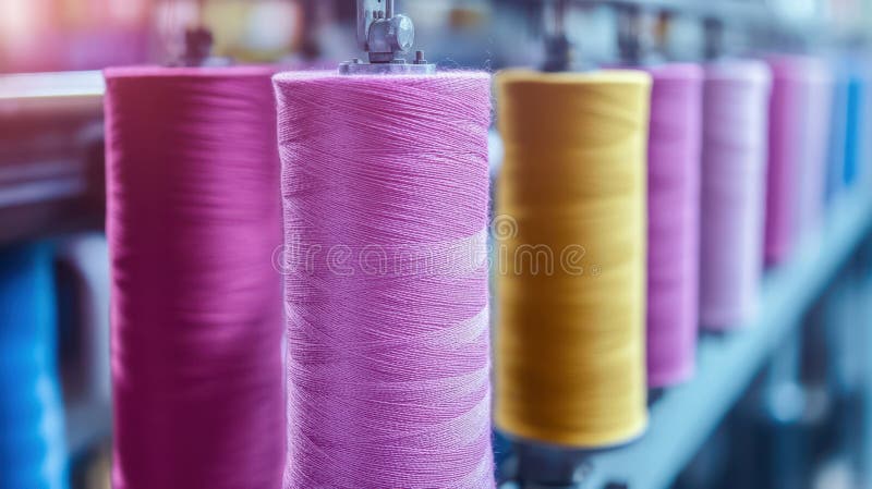Colorful Spools of Yarn in Textile Factory with Focus on Pink Thread on ...