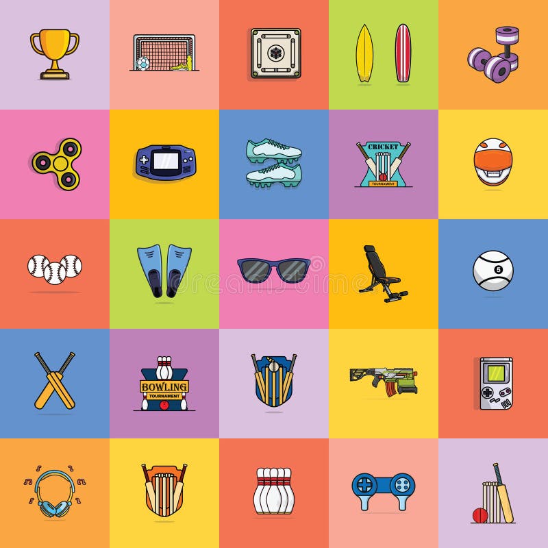 Colorful Sports Objects and Elements Collection Vector Icon ...