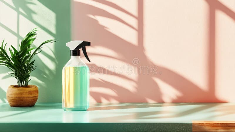 Colorful Spray Bottle on Vibrant Counter with Plant and Shadow Play ...