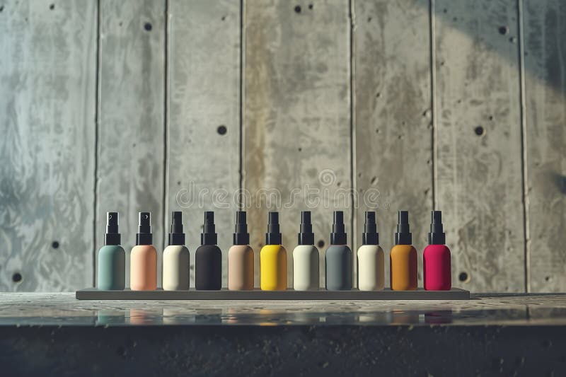 Colorful Spray Bottles Aligned on Rustic Wooden Shelf Stock Photo ...