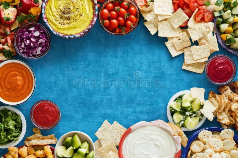 A Colorful Spread of Appetizers and Dips for a Party Stock Illustration ...