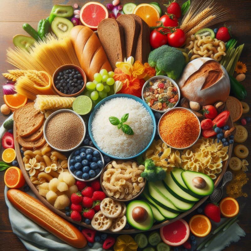 Colorful Spread of Bread, Pasta, Cereal, and Rice on a Platter, Ideal ...