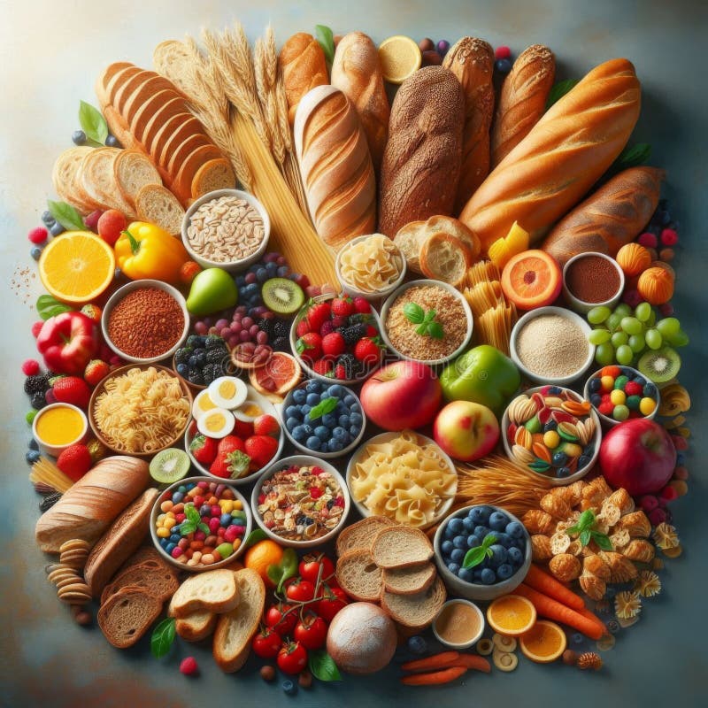 Colorful Spread of Bread, Pasta, Cereal, and Rice on a Platter, Ideal ...