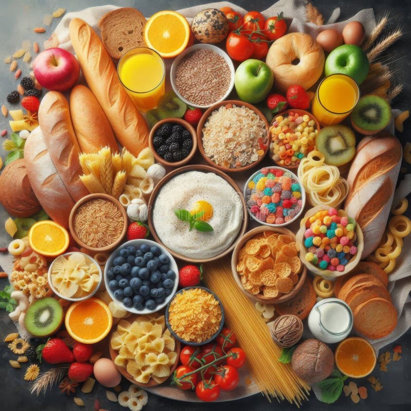Colorful Spread of Bread, Pasta, Cereal, and Rice on a Platter, Ideal ...