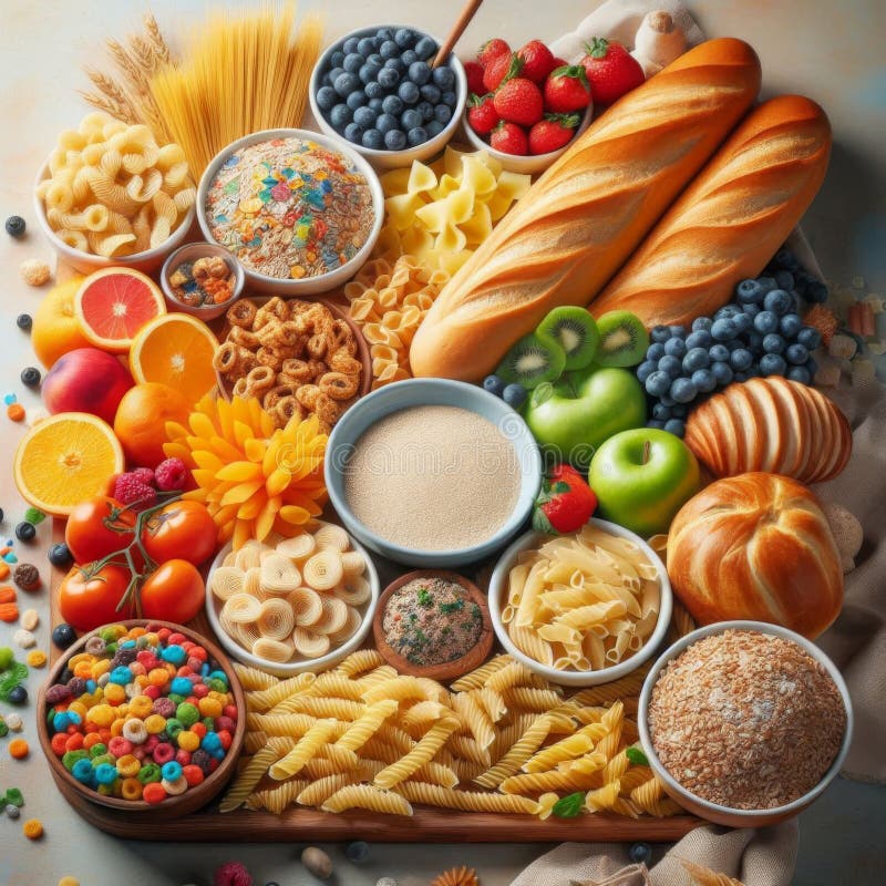 Colorful Spread of Bread, Pasta, Cereal, and Rice on a Platter, Ideal ...