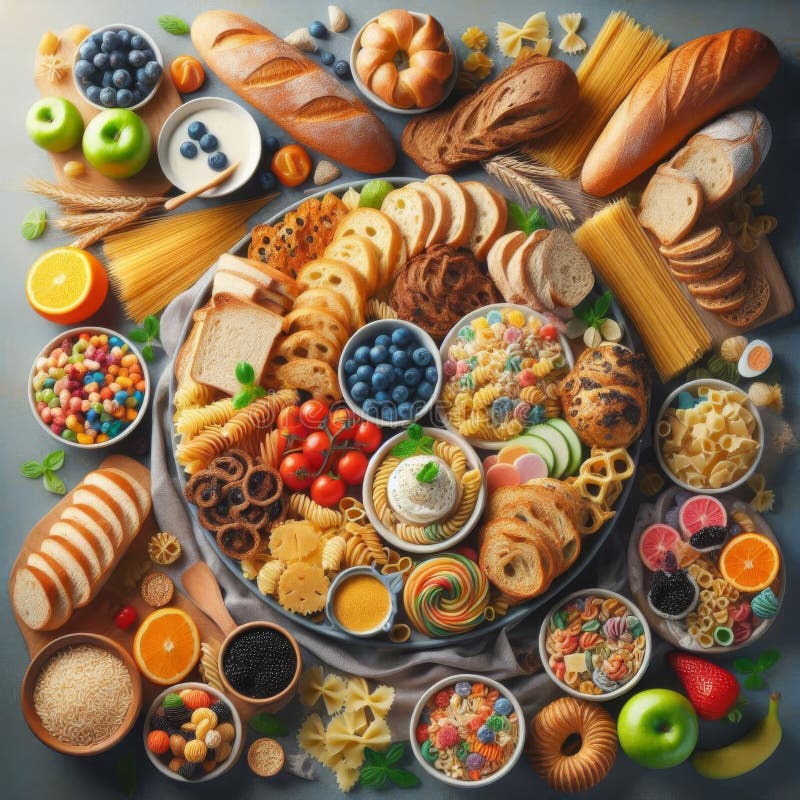 Colorful Spread of Bread, Pasta, Cereal, and Rice on a Platter, Ideal ...